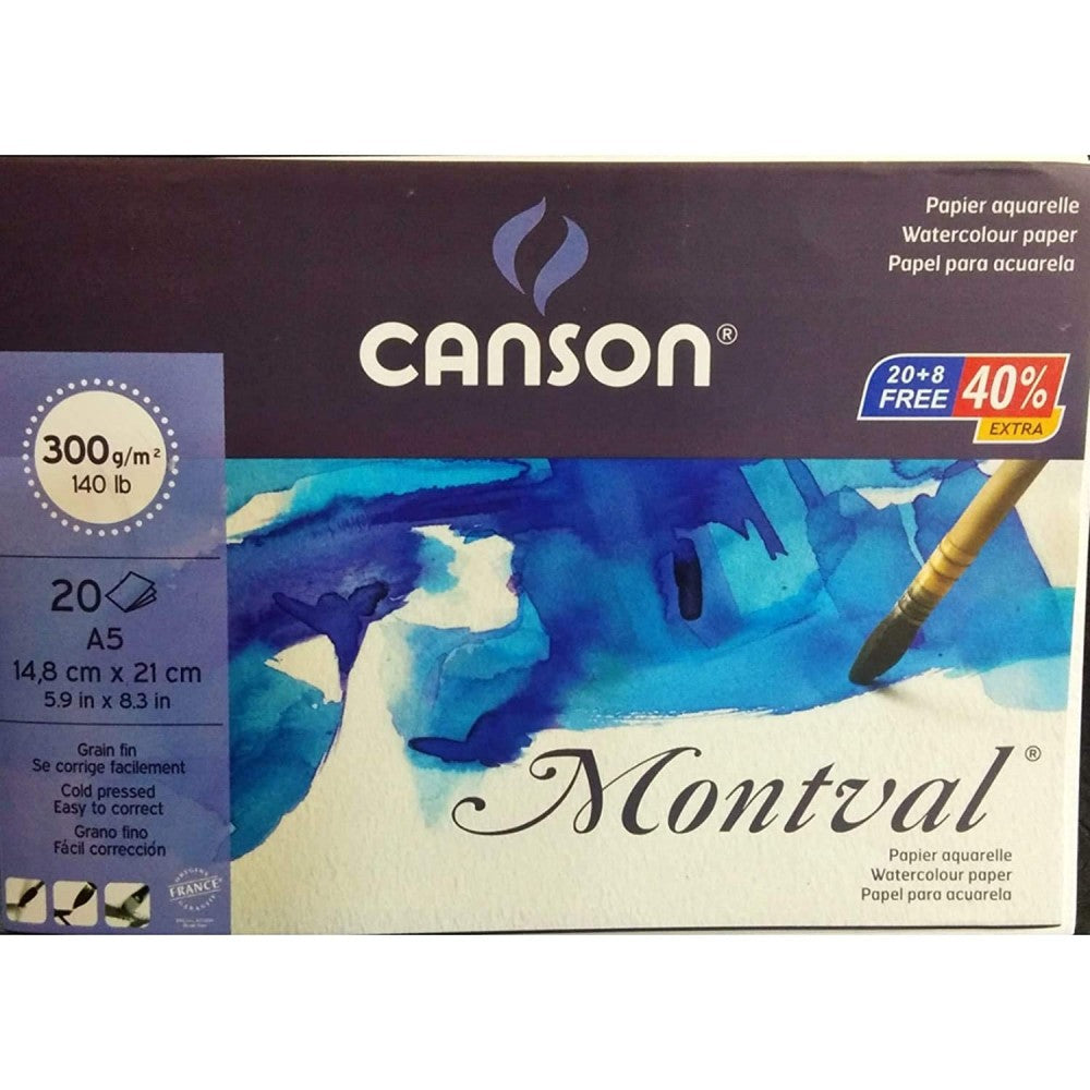 CANSON MONTVAL WATER COLOUR PAPER 20 SHEETS COLD PRESSED 300 GSM 25% C ...
